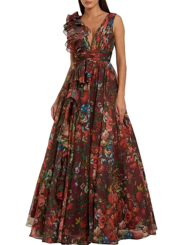 Mac Duggal Floral Chiffon Ruffled V-neck Gown - Wine Multi