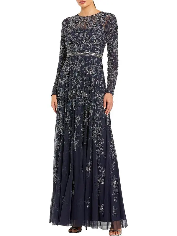 Mac Duggal Floral-embellished Mesh A-line Gown - Midnight