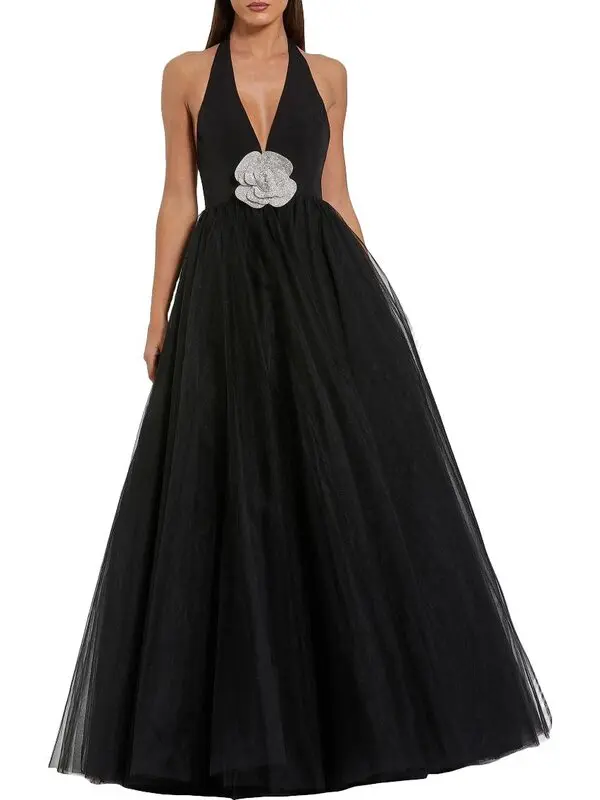 Mac Duggal Flower Embellished Halterneck Ball Gown - Black