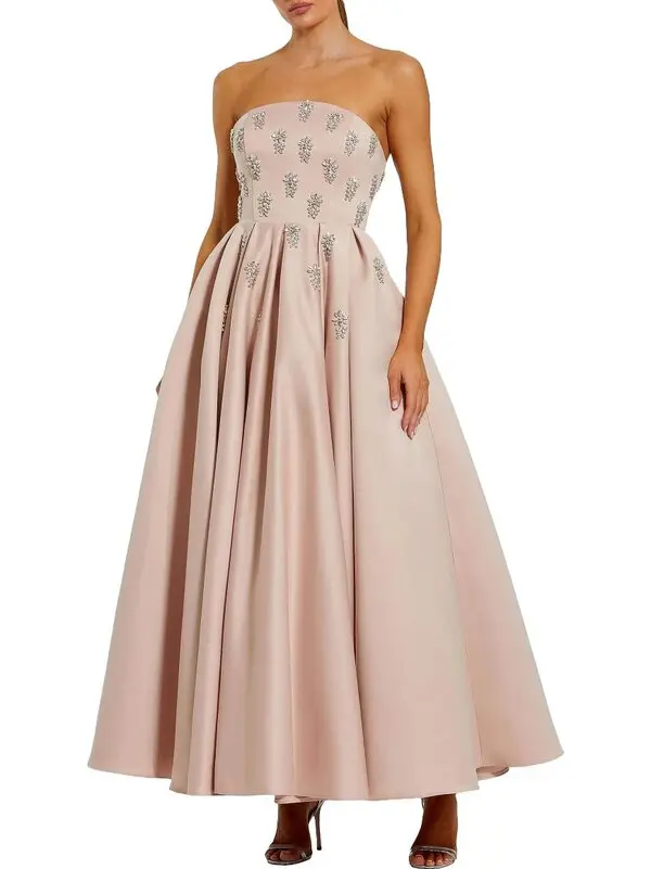 Mac Duggal Embellished Satin Strapless Tea-length Dress - Blush