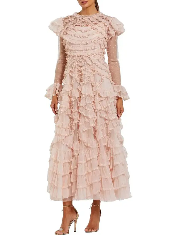 Mac Duggal Ruffled Lace Maxi Dress - Porcelain