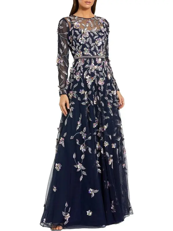 Mac Duggal Floral Embellished Mesh Long-sleeve Gown - Midnight Multi