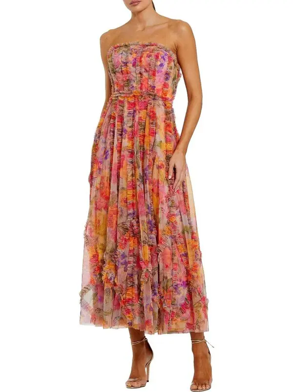 Mac Duggal Floral Mesh Ruffled Strapless Gown - Multi