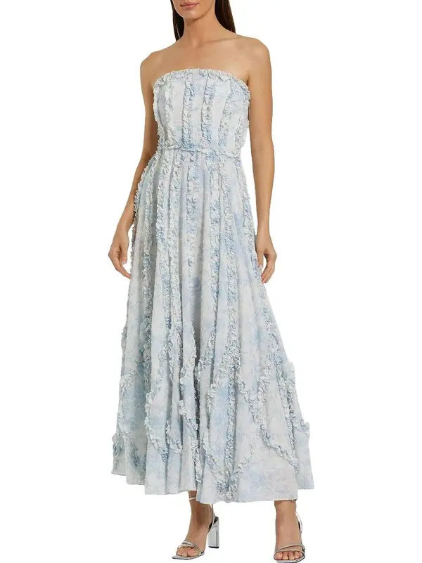 Mac Duggal Cocktail Floral Cotton Strapless Gown - Blue Multi