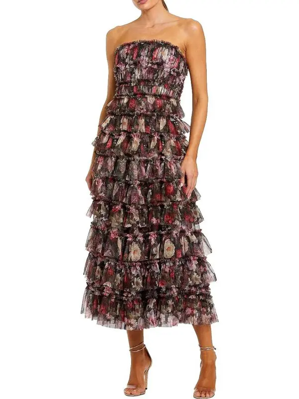 Mac Duggal Tiered Ruffled Floral Strapless A-line Midi-dress - Black Multi