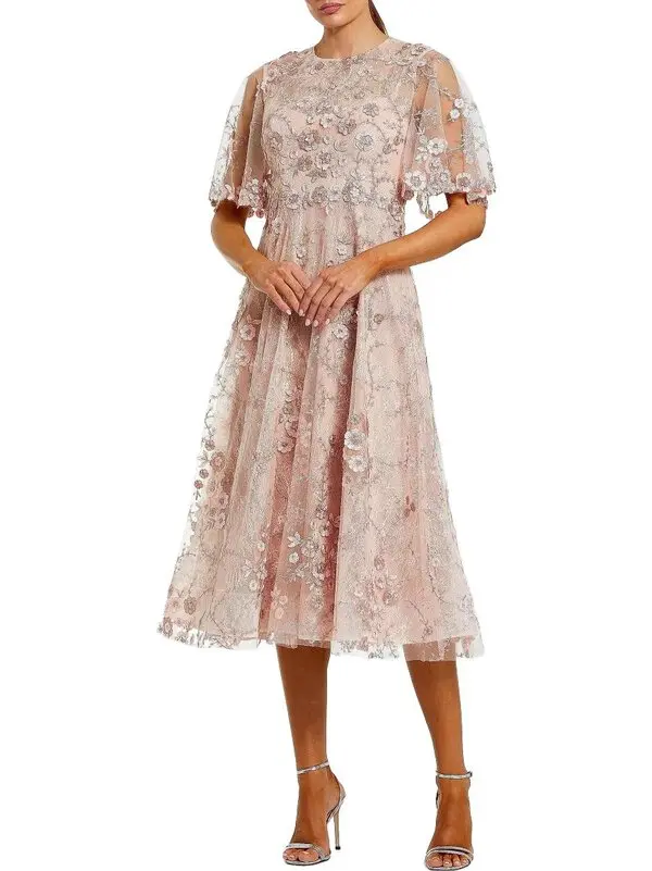 Mac Duggal Cocktail Embroidered Mesh Midi-dress - Blush