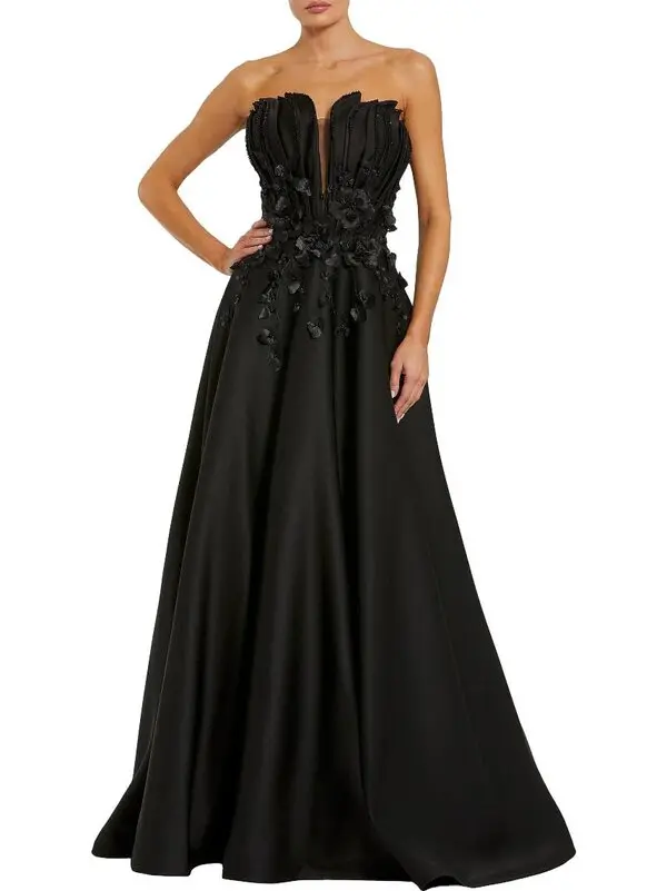 Mac Duggal Beaded Floral-appliquéd Charmeuse Strapless Gown - Black
