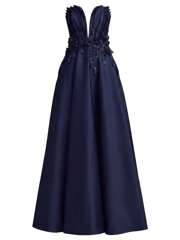 Mac Duggal Beaded Floral-appliquéd Charmeuse Strapless Gown - Navy