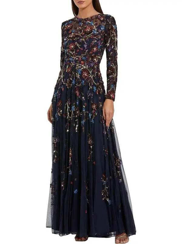 Mac Duggal Floral Beaded Mesh A-line Gown - Midnight Multi
