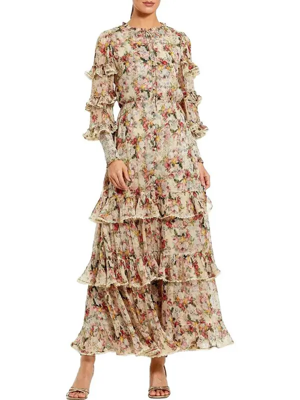 Mac Duggal Cocktail Floral Ruffled Long-sleeve Maxi Dress - Yellow Multi