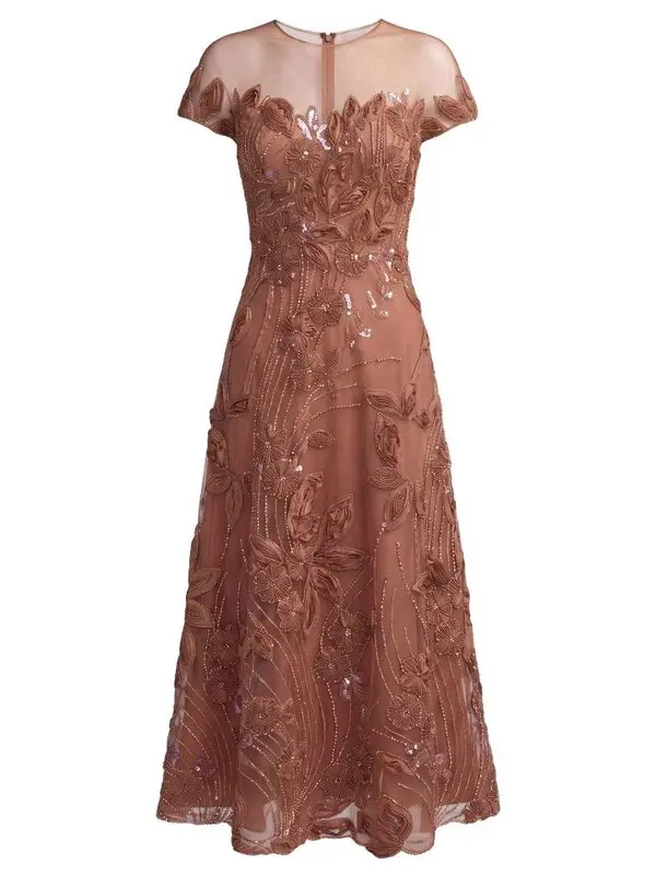 Mac Duggal Embellished Lace Illusion A-line Midi-dress - Rust