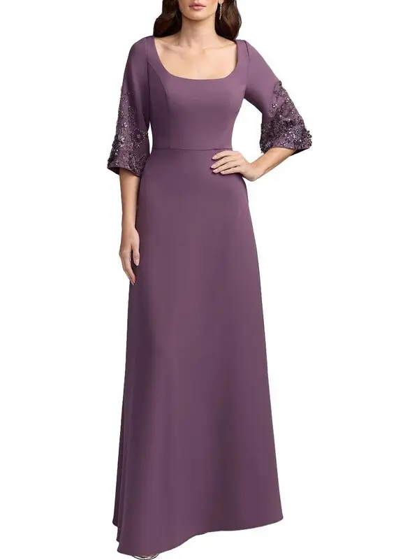 Mac Duggal Evening Beaded-sleeve Crepe Gown - Eggplant