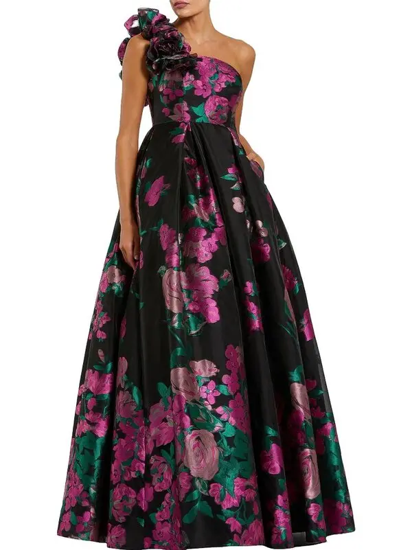 Mac Duggal Evening Floral One-shoulder Brocade Ball Gown - Black Multi