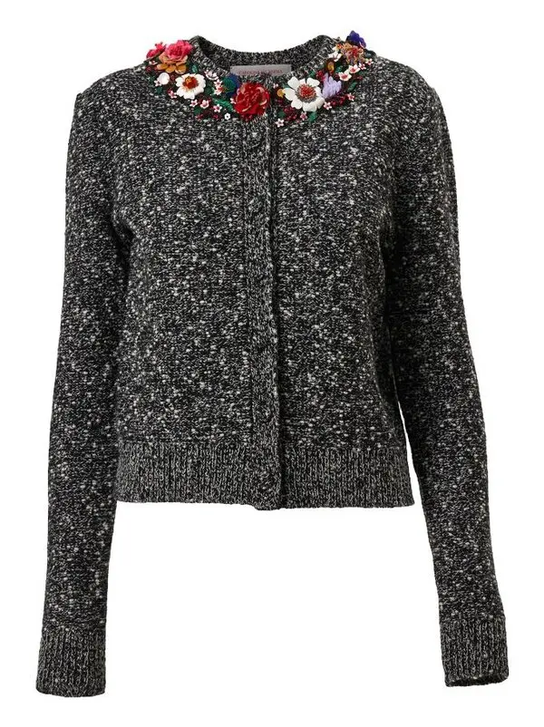 Carolina Herrera 3d Floral-collar Wool-blend Cardigan - Black White