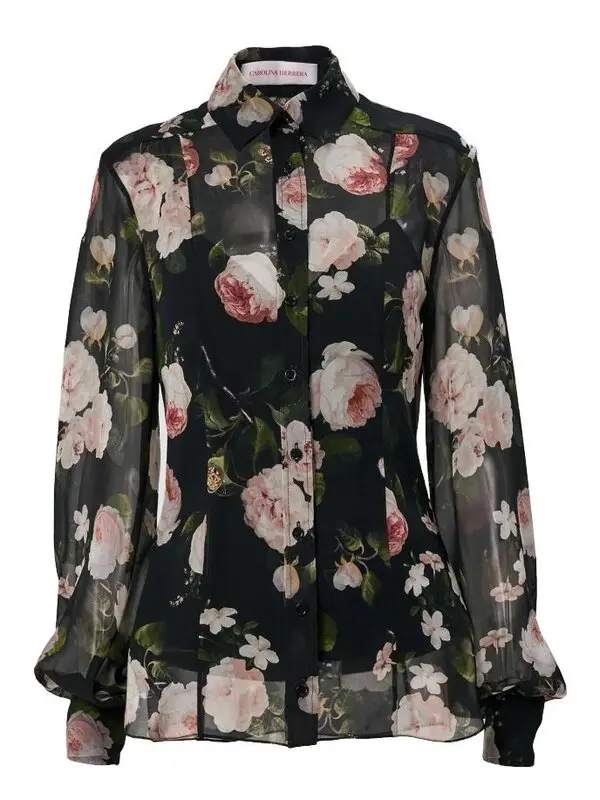 Carolina Herrera Chalet Floral Silk Blouse - Black Multi
