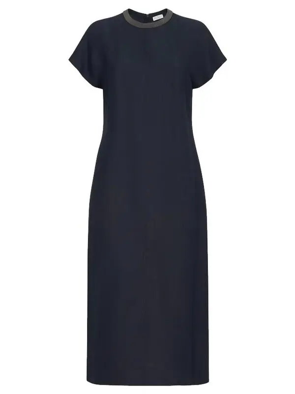 Brunello Cucinelli Viscose And Linen Fluid Twill Dress With Precious Collar - Blue