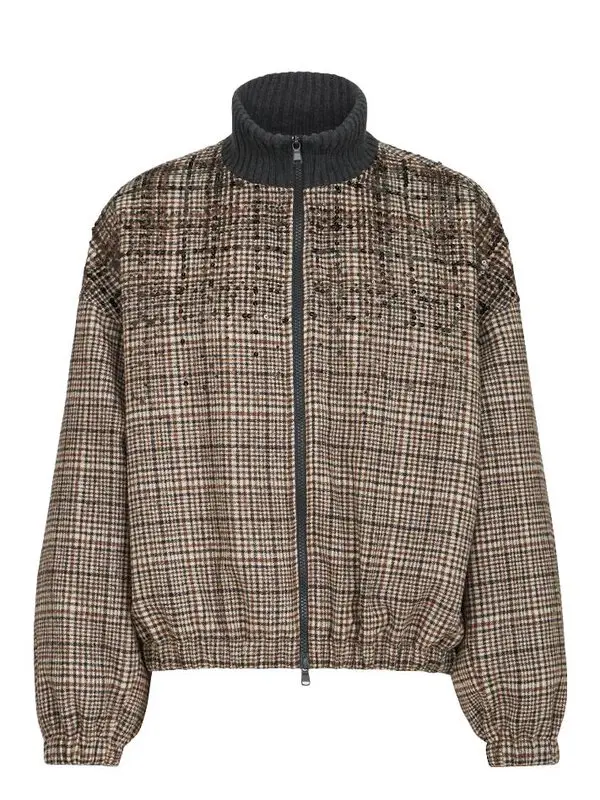 Brunello Cucinelli Checked Alpaca And Wool Bomber Jacket - Brown