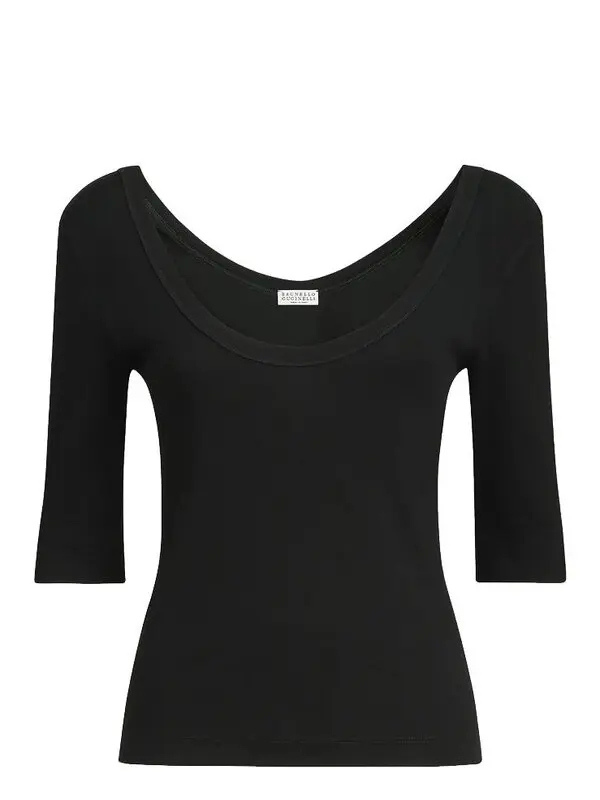 Brunello Cucinelli Stretch Cotton Ribbed Jersey T-shirt With Monili - Black