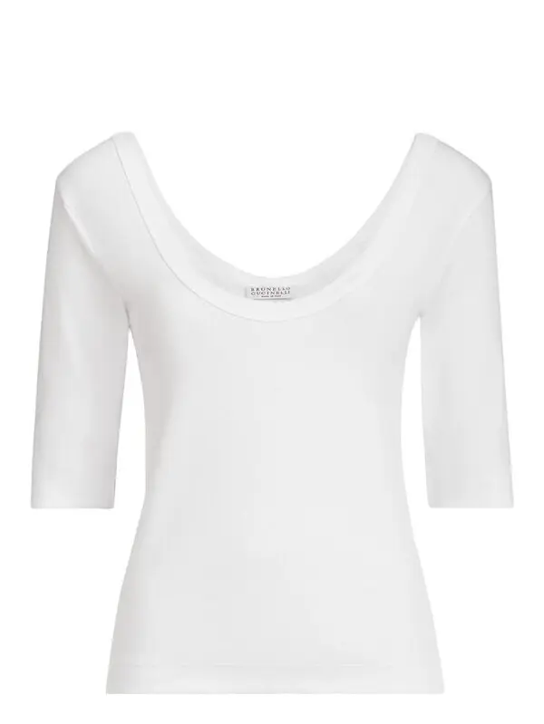 Brunello Cucinelli Stretch Cotton Ribbed Jersey T-shirt With Monili - White