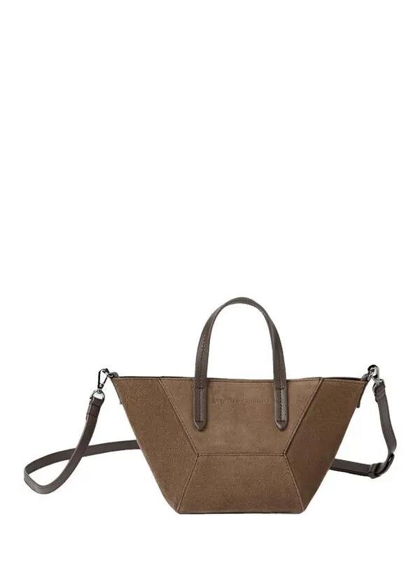 Brunello Cucinelli Duo Mini Top Handle Bag In Suede With Monili - Bark