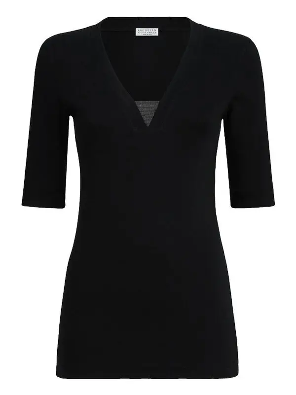 Brunello Cucinelli Stretch Cotton Ribbed Jersey Top - Black