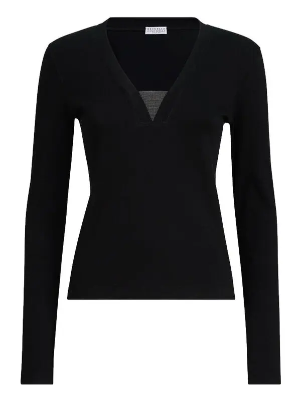 Brunello Cucinelli Stretch Cotton Ribbed Jersey Top - Black
