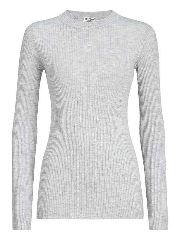 Brunello Cucinelli Sparkling Cashmere And Silk Rib Knit Lightweight Sweater - Light Grey