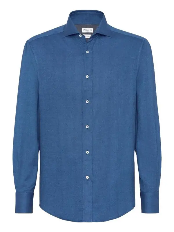 Brunello Cucinelli Stretch Cotton Chevron Flannel Shirt With Spread Collar - Blue
