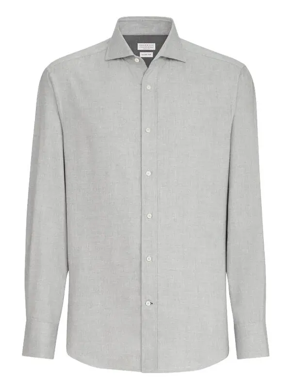 Brunello Cucinelli Stretch Cotton Chevron Flannel Shirt With Spread Collar - Grey