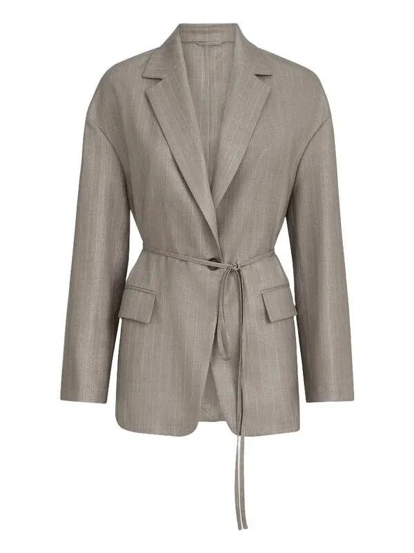 Brunello Cucinelli Sparkling Virgin Wool Pinstripe Blazer With Monili - Silver