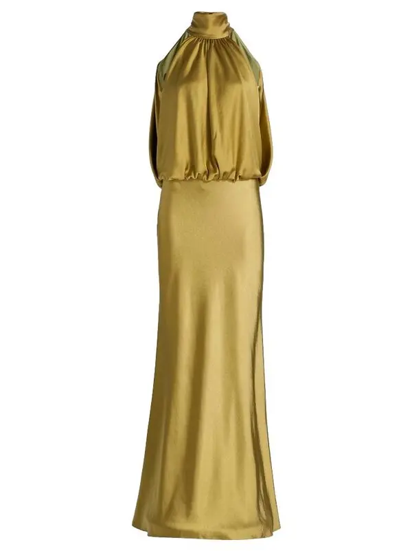 Amsale Draped Satin Halterneck Gown - Moss