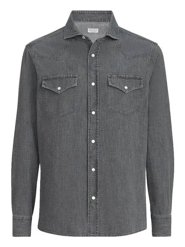 Brunello Cucinelli Lightweight Denim Easy Fit Western Shirt - Dark Grey