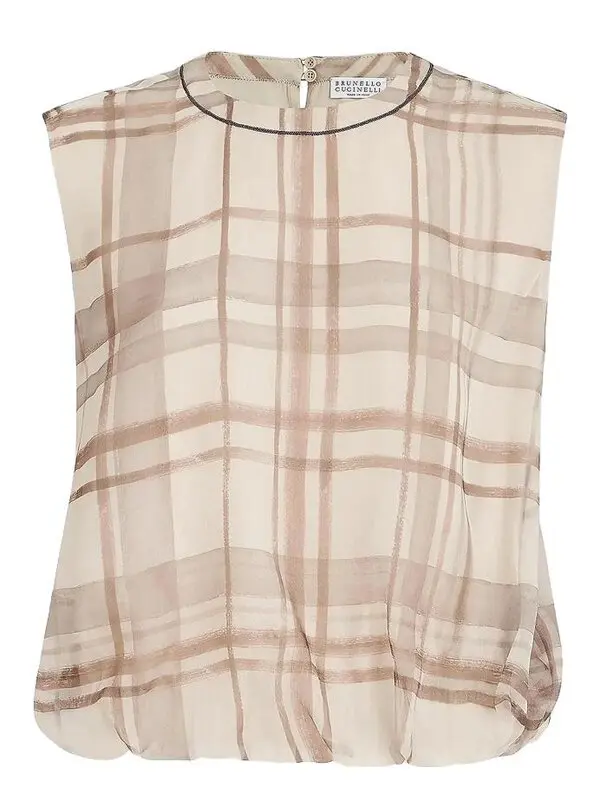 Brunello Cucinelli Silk Organza T-shirt In Macrocheck Print With Shiny Neck Detail - Beige