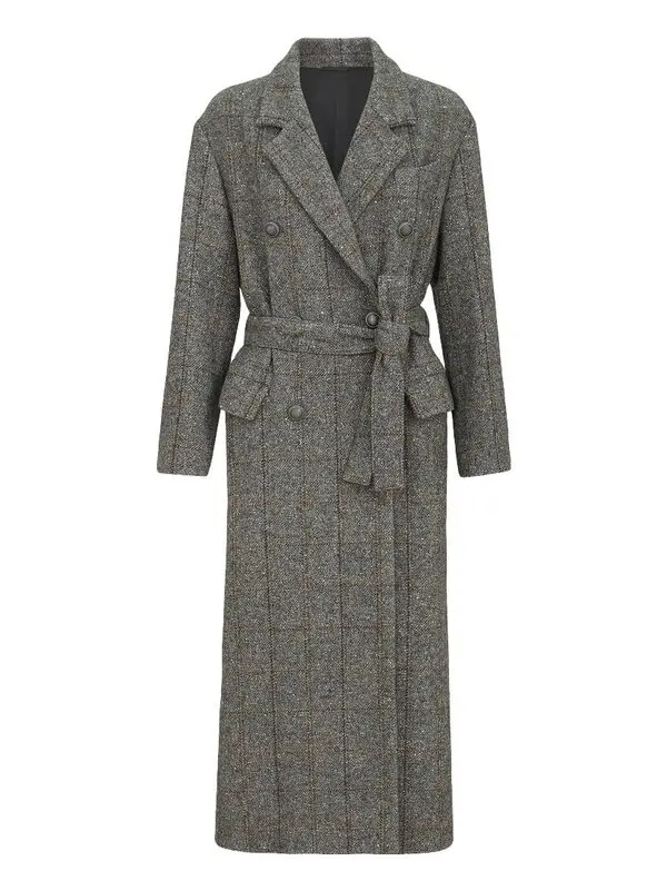 Brunello Cucinelli Techno Alpaca Check Tweed Coat With Monili - Dark Grey
