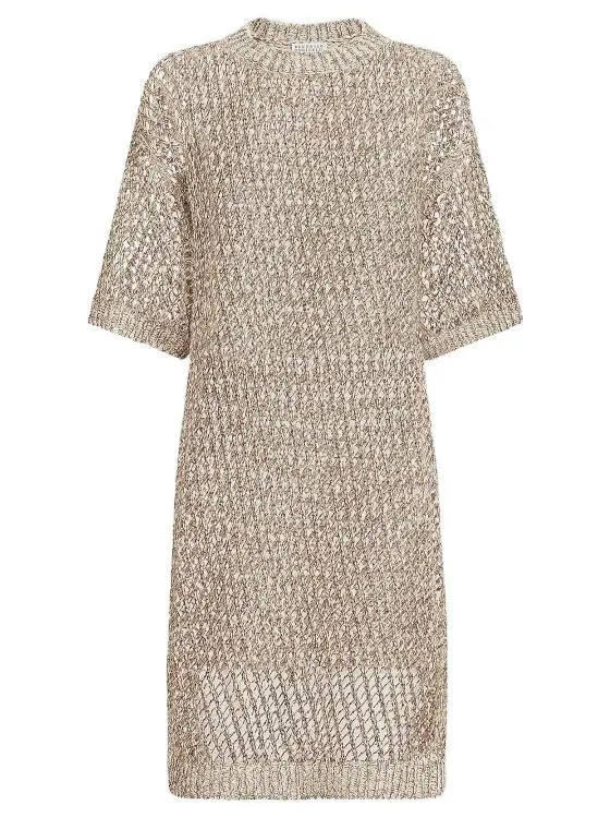 Brunello Cucinelli Dazzling Chiné Net Knit Dress In Silk And Linen - Rope