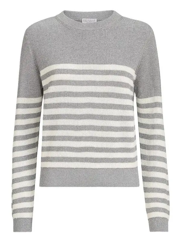 Brunello Cucinelli Sparkling Cotton Striped English Rib Sweater - Silver