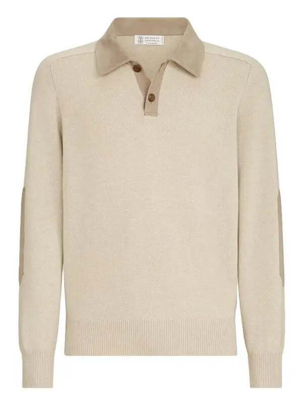 Brunello Cucinelli Cashmere Knit Polo With Suede Collar - Sand