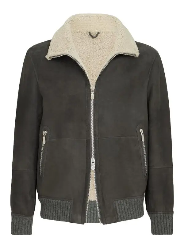 Brunello Cucinelli Suede Curly Shearling Bomber Jacket - Grey