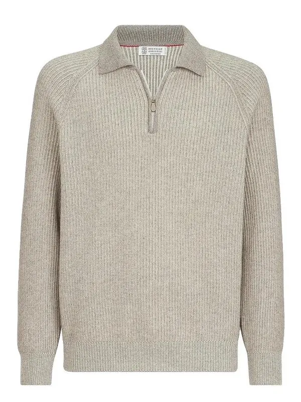 Brunello Cucinelli Cashmere Vanisé English Rib Knit Polo With Half Zip - Grey