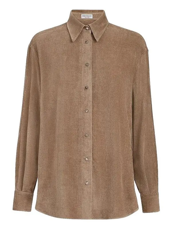 Brunello Cucinelli Fluid Corduroy Shirt With Monili - Espresso