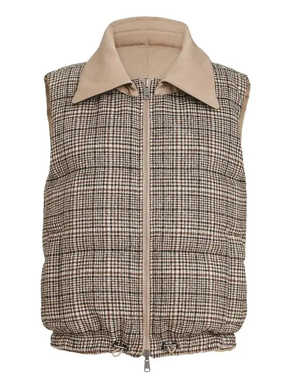 Brunello Cucinelli Twill And Prince Of Wales Reversible Down Vest With Detchable Leather Collar - Camel