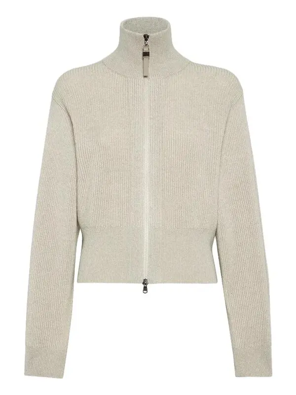 Brunello Cucinelli Sparkling Cashmere English Rib Cardigan With Shiny Zipper Pull - Sand
