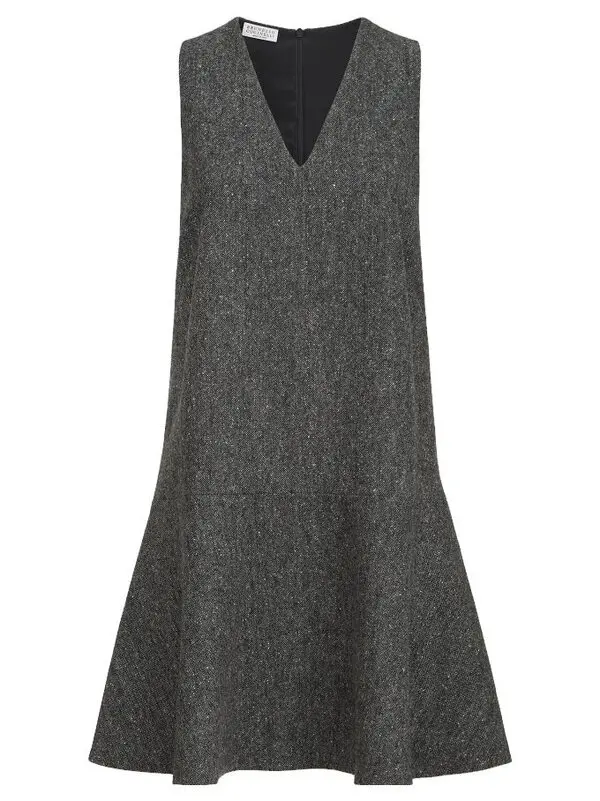 Brunello Cucinelli Virgin Wool Donegal Mini Dress With Monili - Anthracite