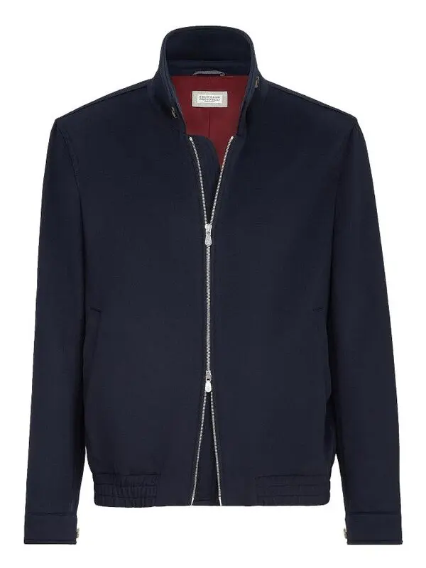 Brunello Cucinelli Virgin Wool Beaver Cloth Bomber Jacket With Zipper - Navy Blue