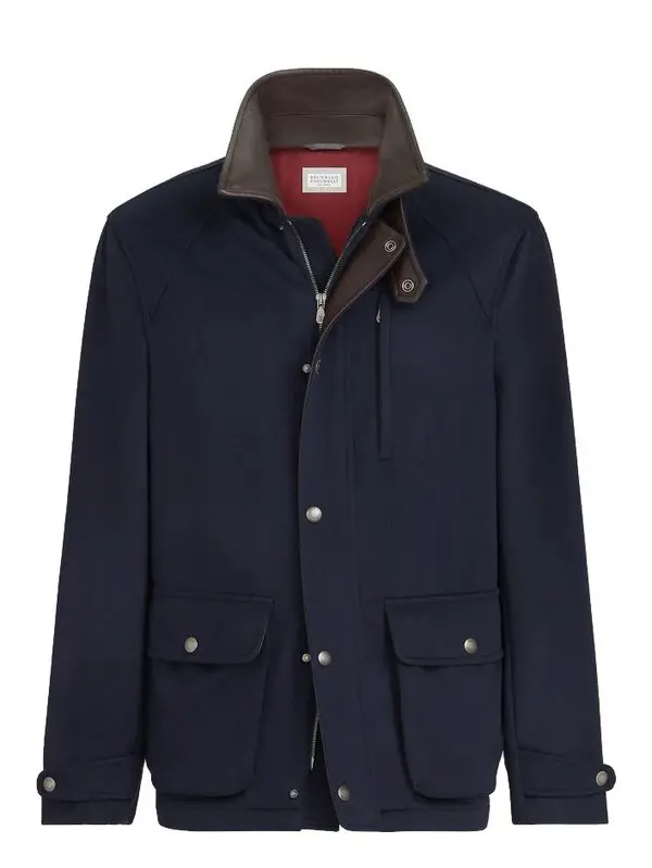 Brunello Cucinelli Virgin Wool Cloth Field Jacket With Nappa Leather Inserts - Blue