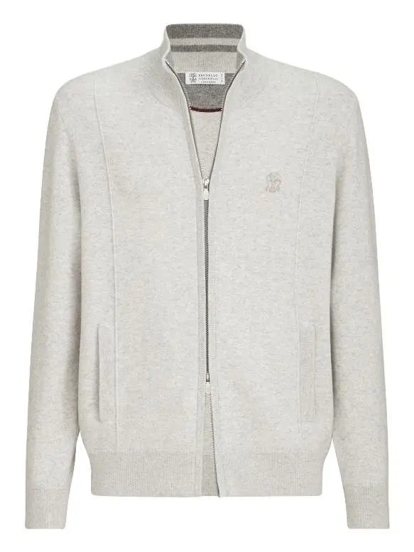 Brunello Cucinelli Cashmere Double Knit Cardigan With Zipper - Light Grey