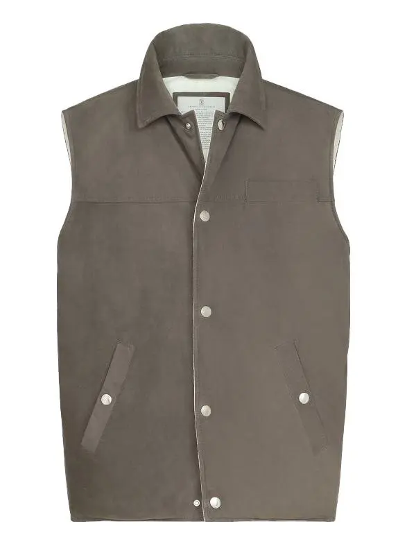 Brunello Cucinelli Suede Down Vest With Shirt-style Collar - Grey