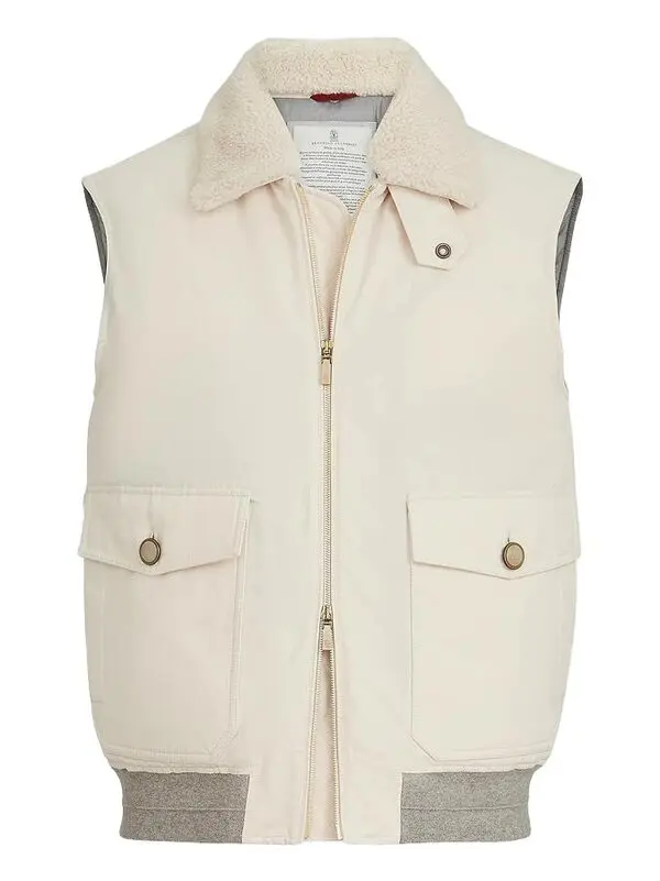 Brunello Cucinelli Waxed Techno Cotton Down Vest With Detachable Shearling Collar - Beige