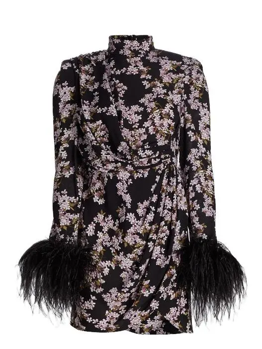 BRONX BANCO Nadine Floral Feather-cuff Minidress - Black Multi