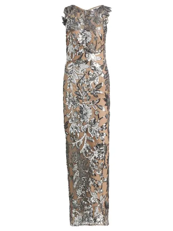BRONX BANCO Tokyo Sequin-feather Sleeveless Gown - Dark Silver